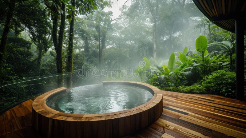 Outdoor Built in Hot Tub, Spa Pool in the Backyard in the Jungle Stock ...