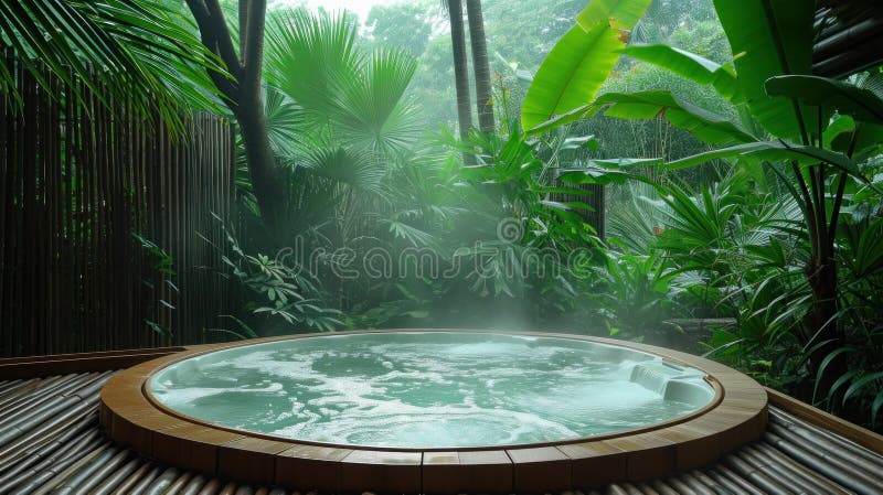 Outdoor Built in Hot Tub, Spa Pool in the Backyard in the Jungle Stock ...