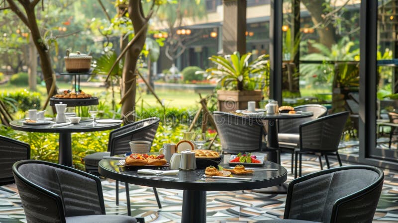 Outdoor Cafe Features Elegant Tables and Garden View with Fresh ...