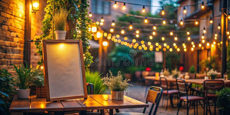 Outdoor Cafe Menu Mockup Blank Illuminated Signboard Design with String ...