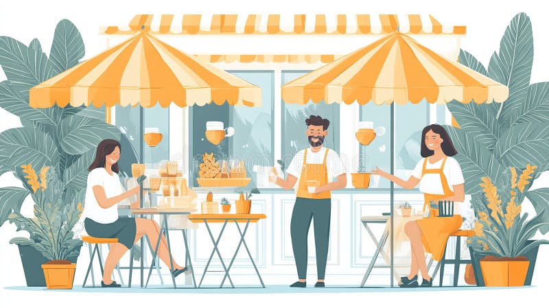 Outdoor Cafe Scene with Friendly Staff and Customers Stock Illustration ...