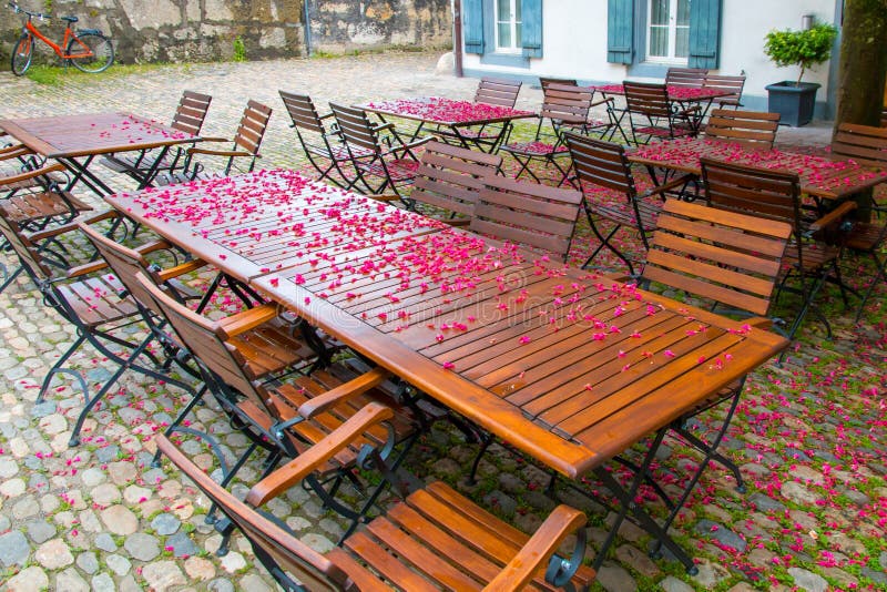 Outdoor Cafe with Spring Tree Blossoms on the Tables. Stock Image ...