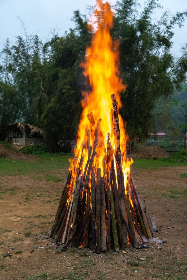 Outdoor Camp Fire Burning at Blue Hour or Twilight Stock Photo - Image ...