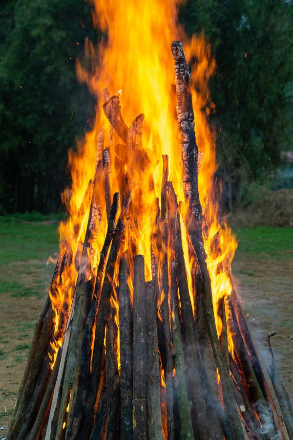 Outdoor Camp Fire Burning at Blue Hour or Twilight Stock Image - Image ...