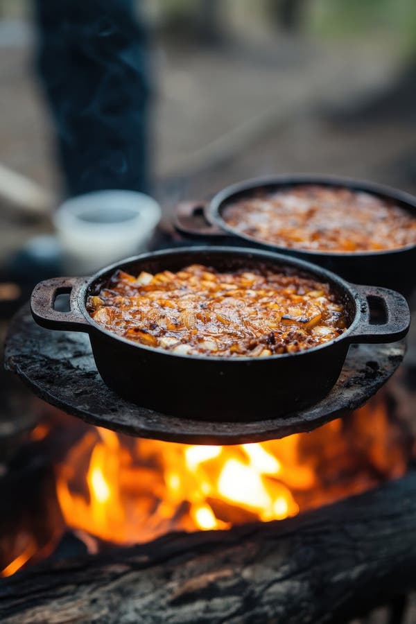 Outdoor Campfire Cooking with Delicious Casserole Dishes in Rustic Pots ...