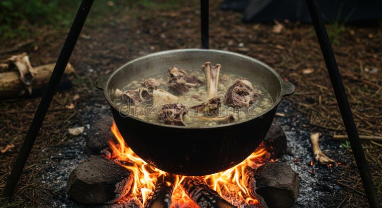 Outdoor Campfire Cooking in a Rustic Cauldron Stock Illustration - Illustration of forest, heat ...