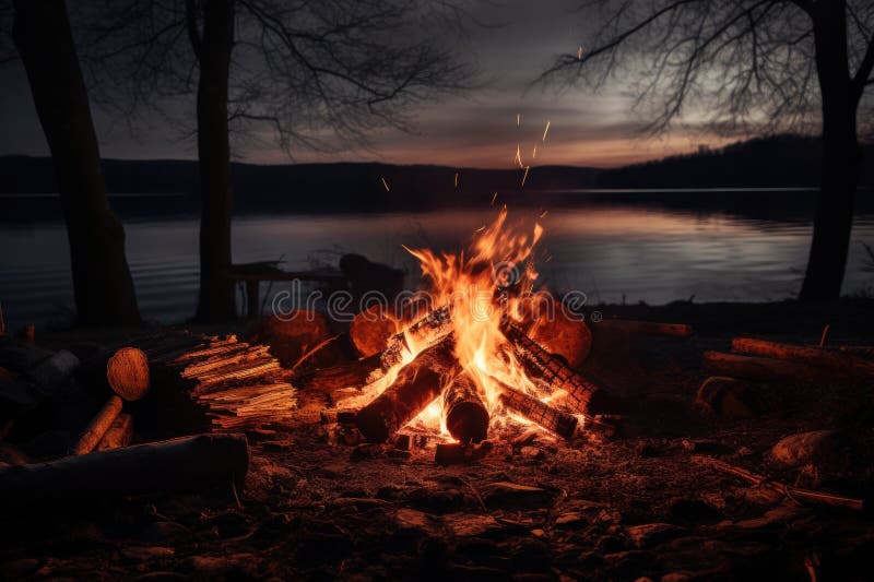 Outdoor Campfire with Lots of Lighting by a Lake Illustration AI ...