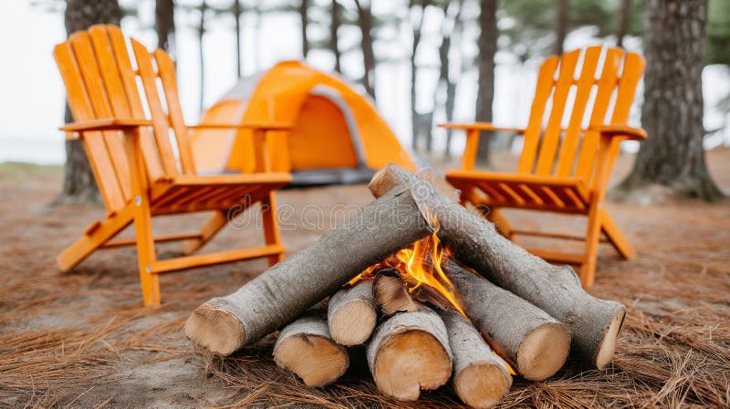 Outdoor Campfire Setup with Orange Chairs and Tent in Forested Area ...