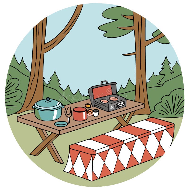 Outdoor Camping Cooking Set Displayed on Picnic Table. Ready for ...