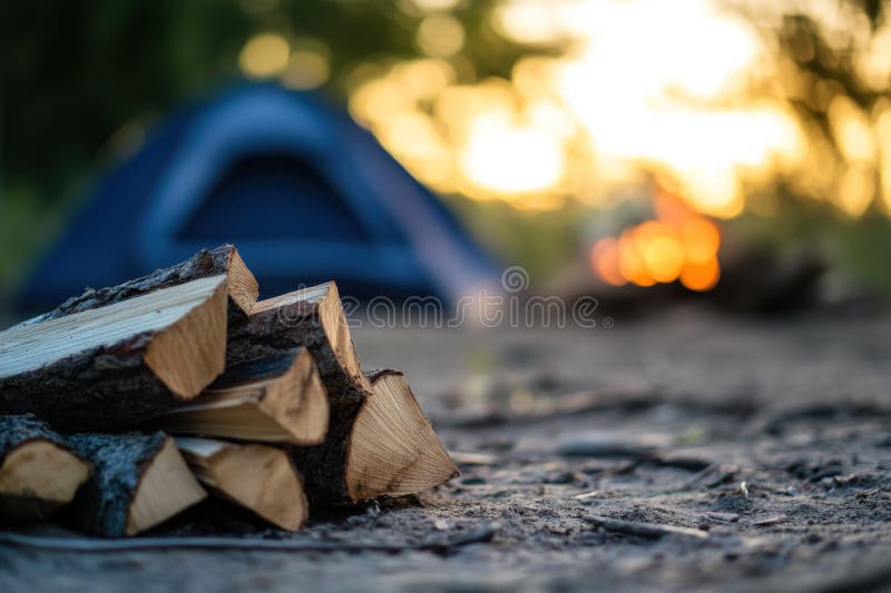 Outdoor Camping Scene: Tent, Campfire, and Logs at Sunset. Stock Image ...