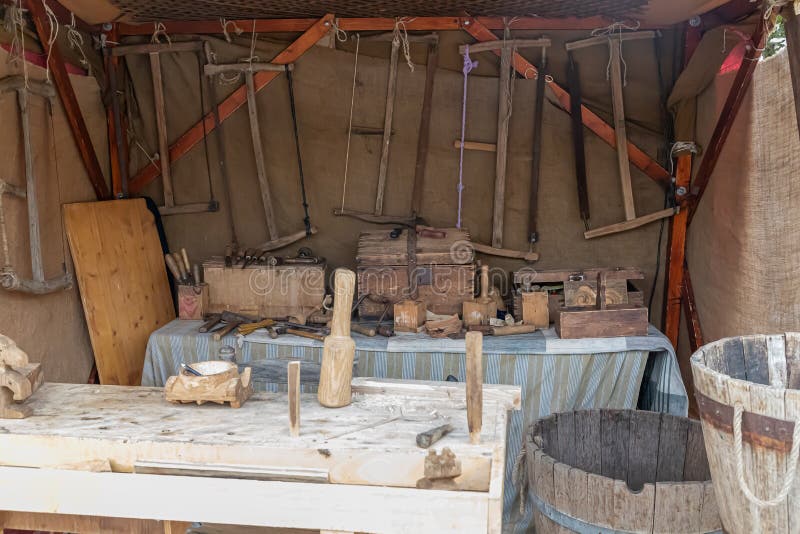 Outdoor Carpenter Craftsman Workshop with Various Woodworking Tools ...