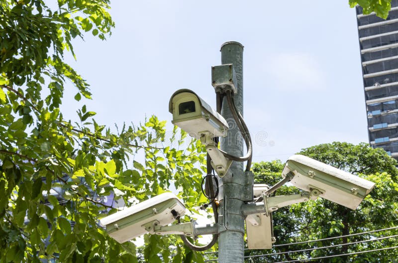 Outdoor CCTV on Pole in Park Stock Image - Image of privacy, protect ...