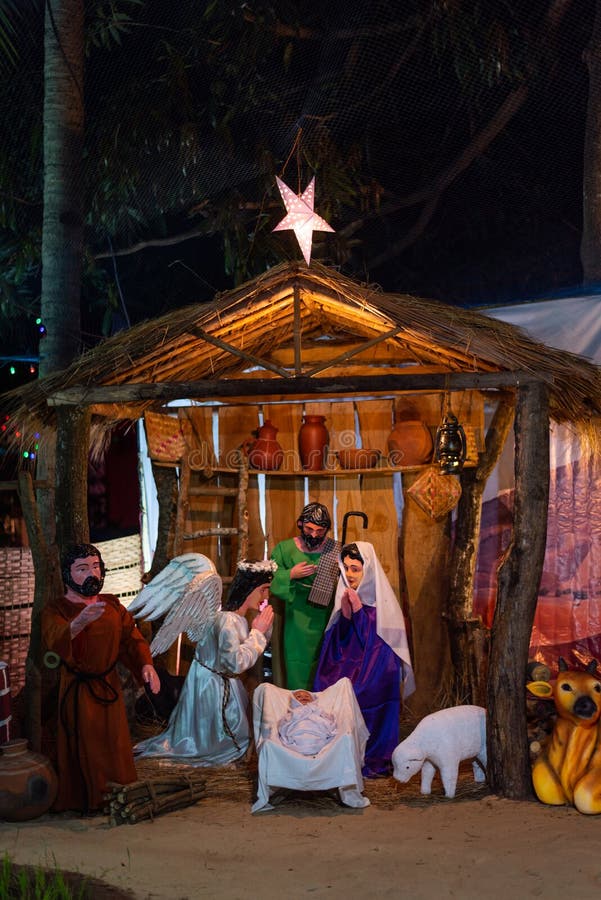 Outdoor Christmas Crib Scene Decorated with Lights Stock Image - Image ...