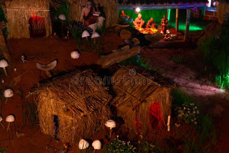 Outdoor Christmas Crib Scene Decorated with Lights Stock Image - Image ...