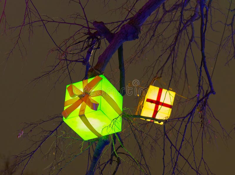 Outdoor Christmas Tree with Hanging Gift Box Stock Photo - Image of ...