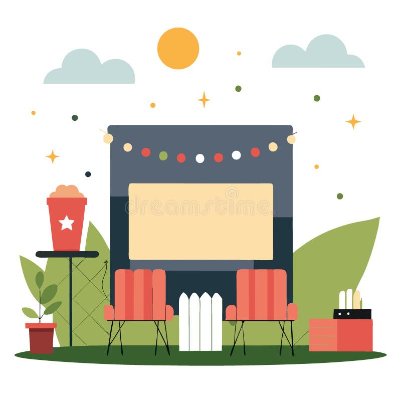 A Outdoor Cinema Setup in the Backyard. with Seats and String Lights ...