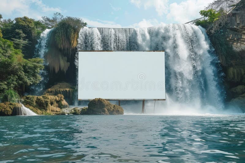 Outdoor Cinema at Waterfall with Blank Screen for Creative Display ...