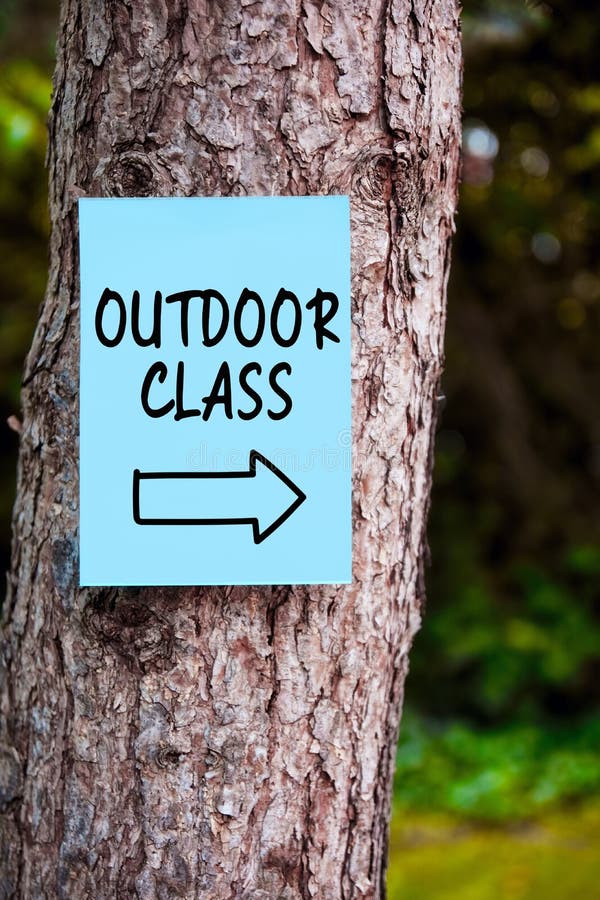 Outdoor Class Sign with an Arrow Written on Paper on a Tree in the ...