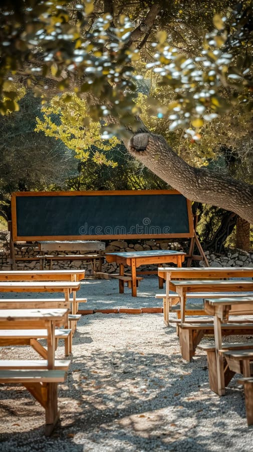 Outdoor Classroom Setup with Wooden Benches and Chalkboard Surrounded ...