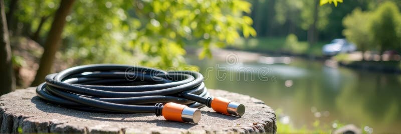 Outdoor Coaxial Cable on Tree Stump Near a Tranquil Lake in Sunny ...