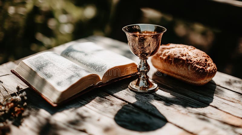 Outdoor Communion Chalice, Bread, Bible, Sunlight, Garden Stock Image ...