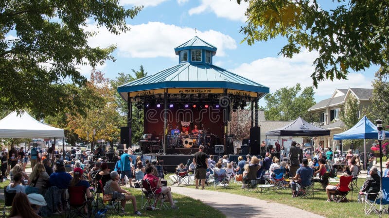 Outdoor Concert in a Park with a Band Performing on a Stage Stock ...