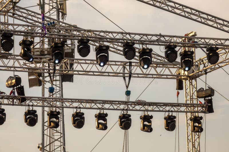 Outdoor Concert Stage with Lighting Equipment before Performance. Stage ...