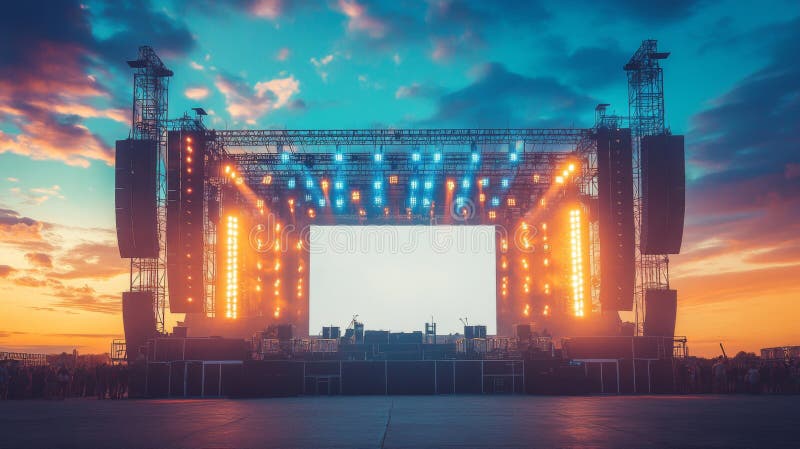 Outdoor Concert Stage at Sunset with Bright Lights Stock Illustration ...