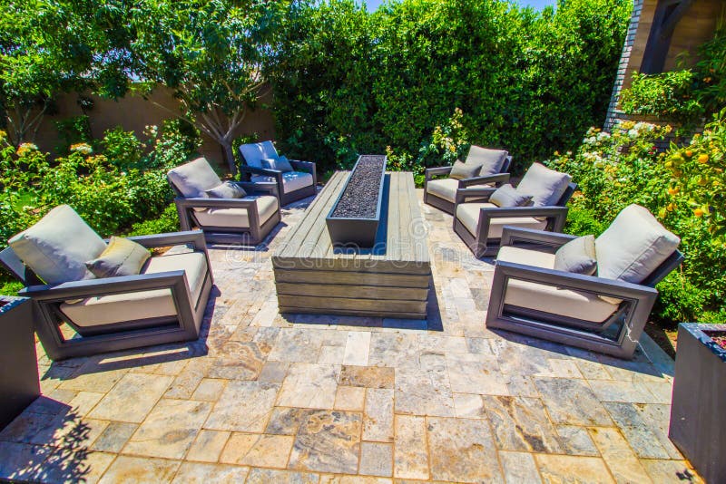 Outdoor Conversation Area with Six Chairs with Cushions Stock Image ...