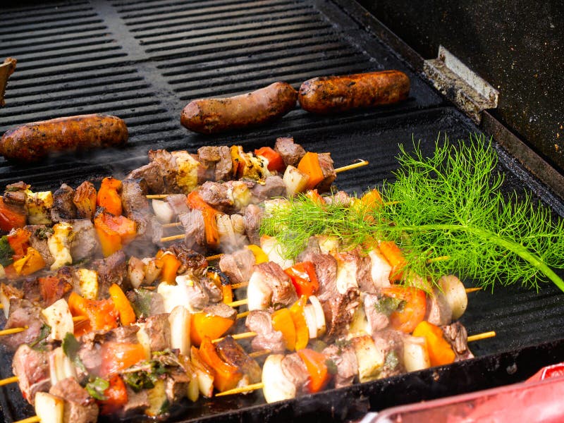 Outdoor Cooking on Barbeque Stock Photo - Image of sausages, smoke ...