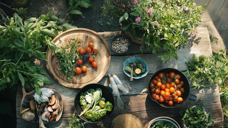 Outdoor Cooking with Organic Ingredients. Stock Image - Image of green ...