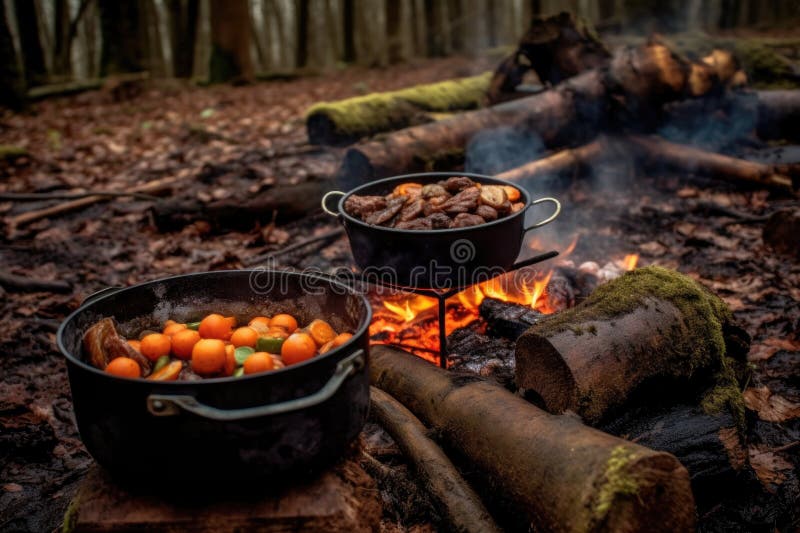 Outdoor Cooking Scene with Dutch Oven and Stew Stock Illustration ...