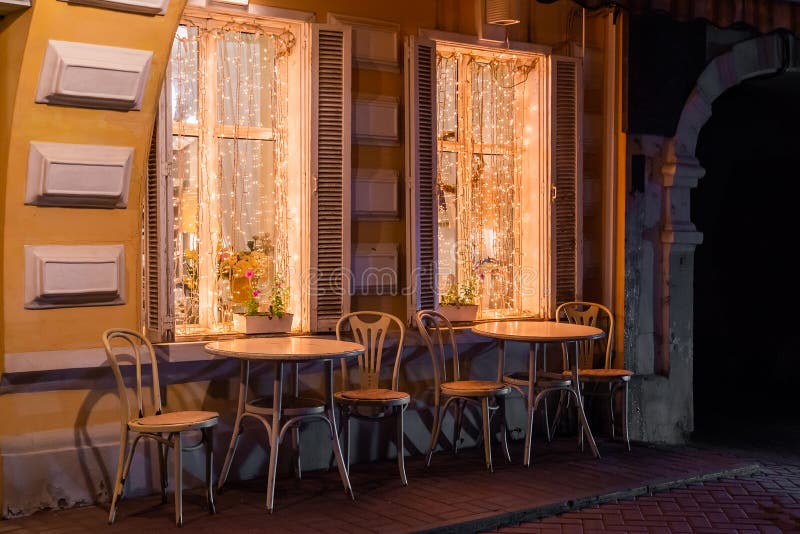 Outdoor Cozy Summer Cafe in the Evening Stock Photo - Image of cozy ...