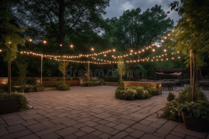 Outdoor Dance Floor Surrounded by Greenery and Delicate Lights at Dusk ...