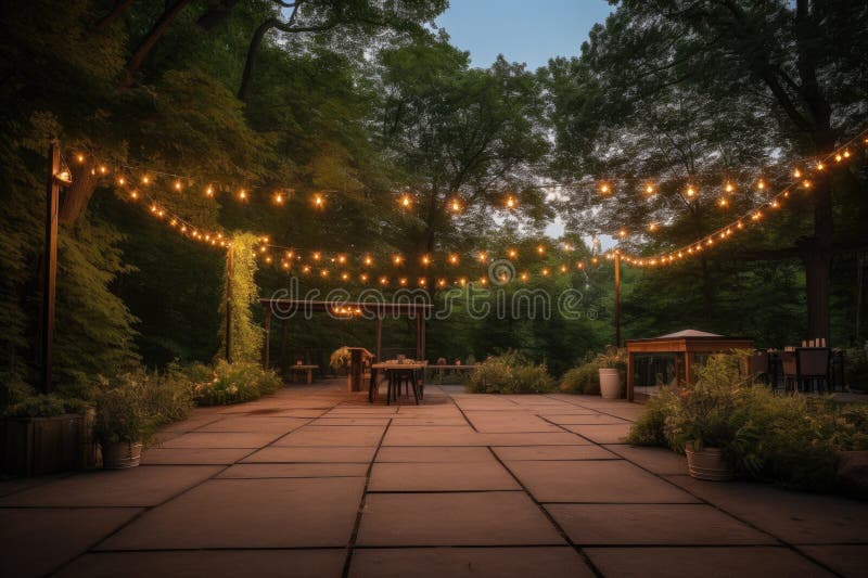 Outdoor Dance Floor Surrounded by Greenery and Delicate Lights at Dusk ...
