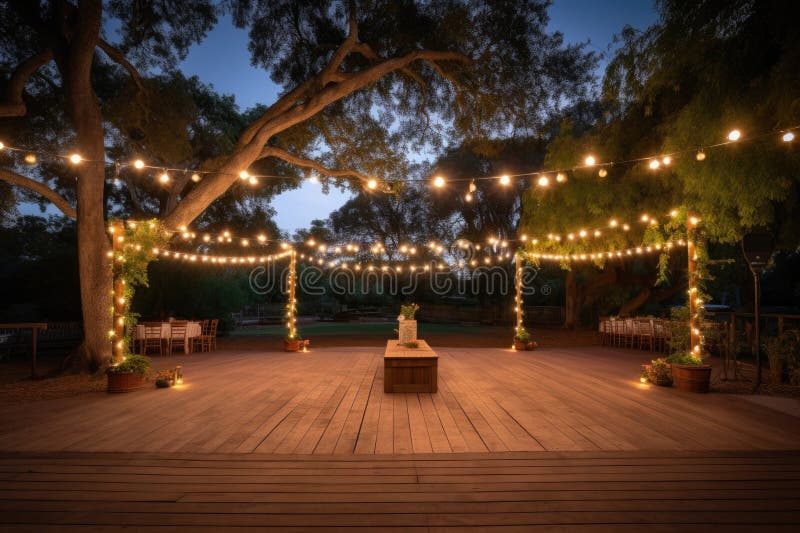 Outdoor Dance Floor Surrounded by Twinkling Lights and Lanterns Stock ...