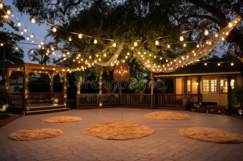 Outdoor Dance Floor Surrounded by Twinkling Lights and Lanterns Stock ...