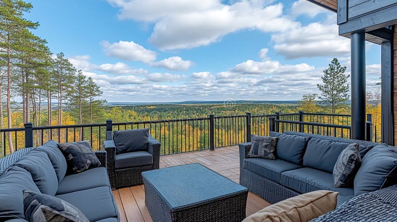Outdoor Deck with Panoramic Mountain Views. Relaxing Seating Area Stock ...