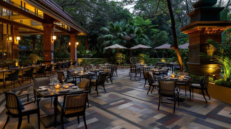 Outdoor Dining Area Features Elegant Tables with Ambient Lighting and ...