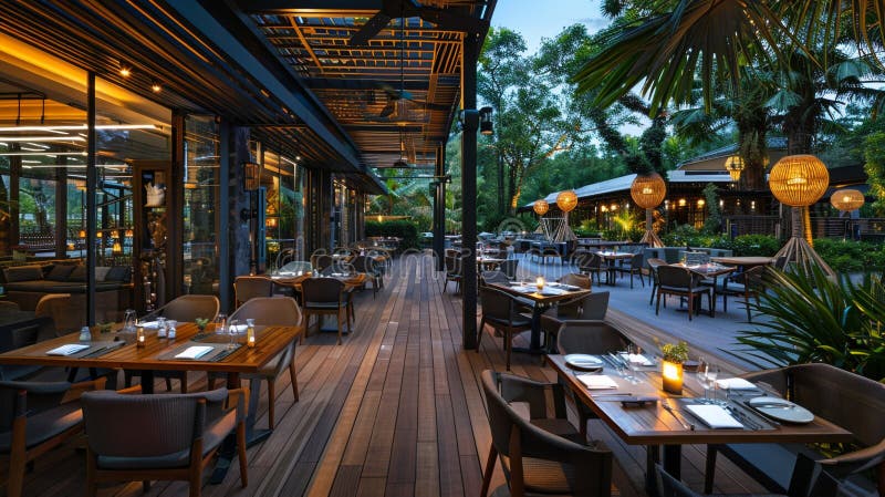 Outdoor Dining Area Featuring Stylish Tables and Ambient Lighting in a ...