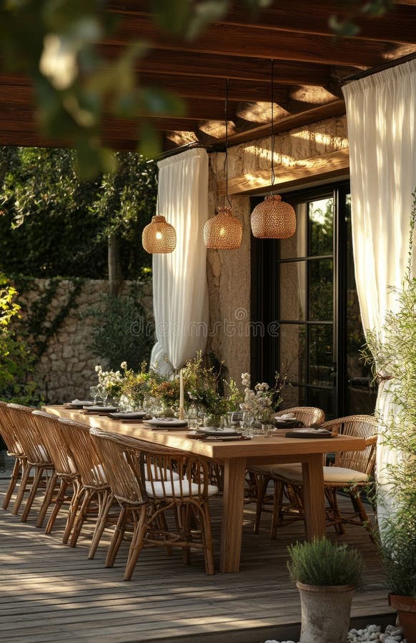 Outdoor Dining Area with Long Table, Chairs, and Oak Structure Stock ...