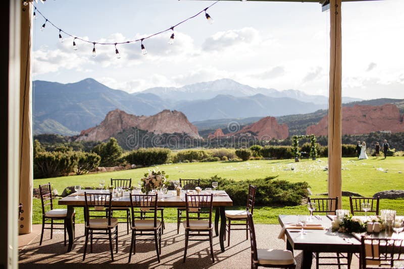 Outdoor Dining Area with Mountain View Stock Photo - Image of ...