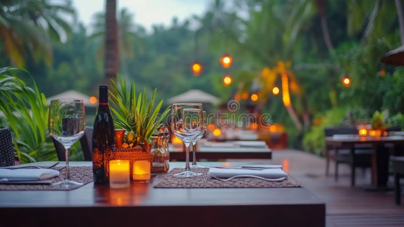 Outdoor Dining Area Surrounded by Lush Greenery and Soft Lighting ...