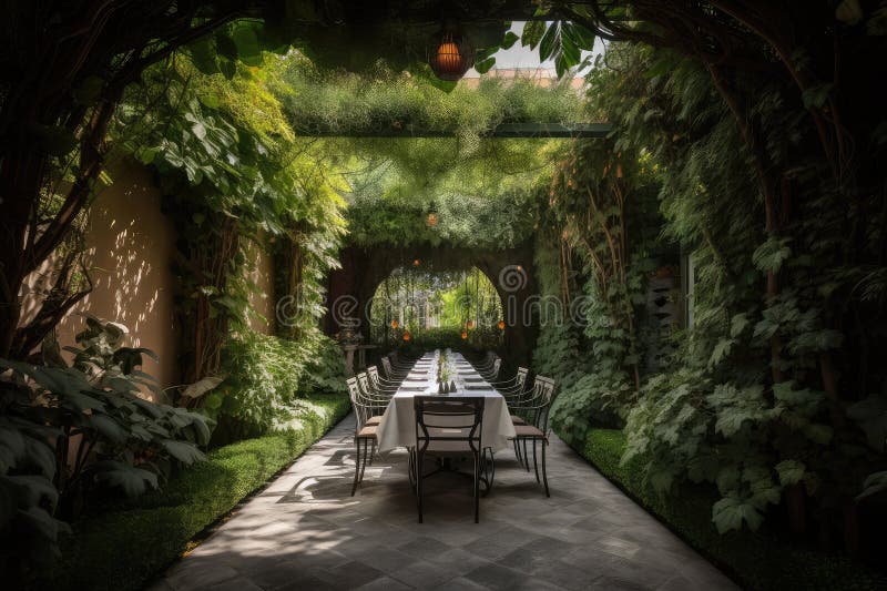 Outdoor Dining Area with Table and Chairs, Surrounded by Lush Greenery ...