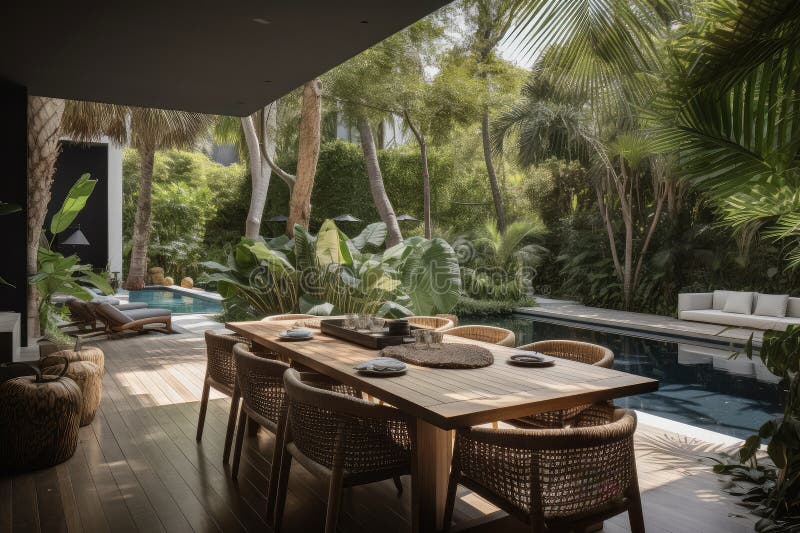 Outdoor Dining Area with a View of the Pool and Lush Greenery Stock ...