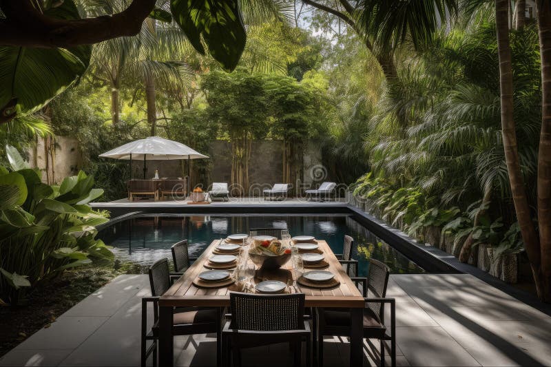 Outdoor Dining Area with a View of the Pool and Lush Greenery Stock ...