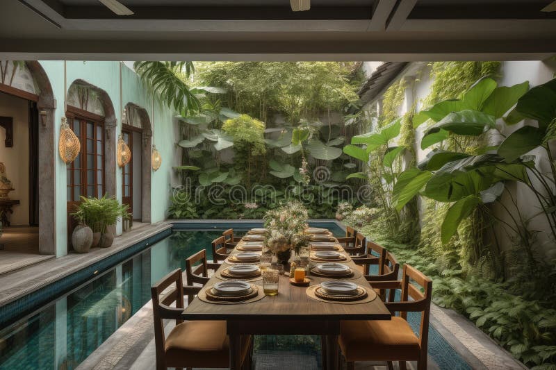Outdoor Dining Area with a View of the Pool and Lush Greenery Stock ...