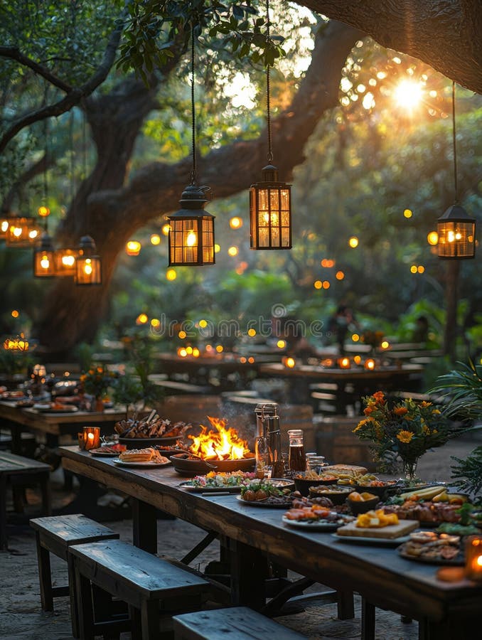 Outdoor Dining Experience with Rustic Charm and Ambient Lantern ...