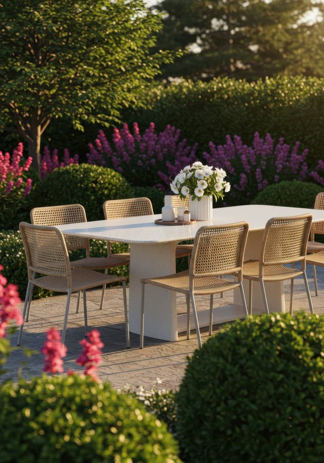 Outdoor Dining Patio Setting with White Table and Beige Chairs Stock ...