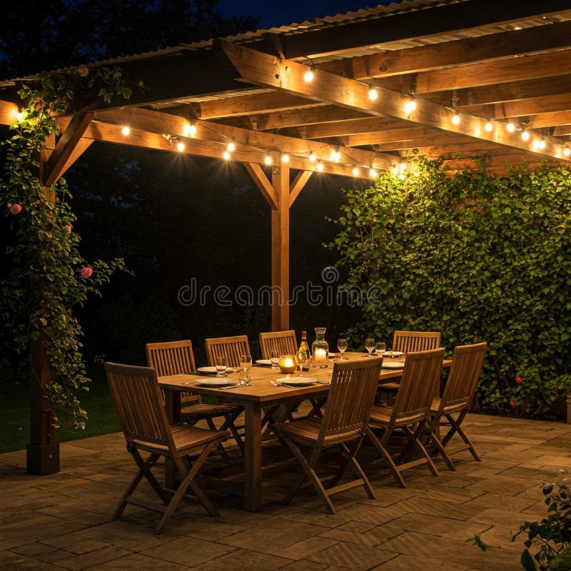 Outdoor Dining Pergola Lights Greenery Night Generated Ai Stock Photos ...